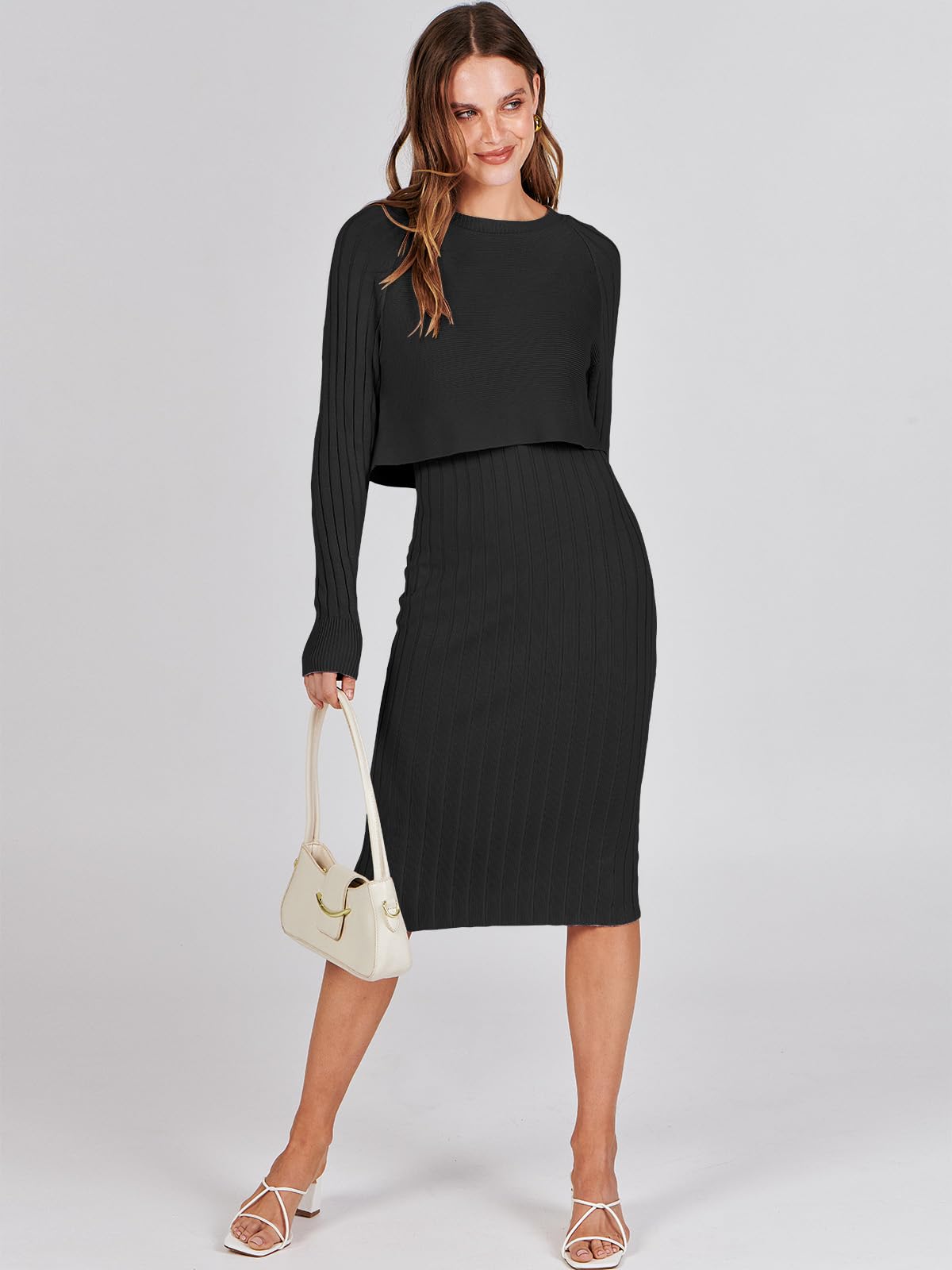 ANRABESS Womens 2 Piece Outfits Sweater Dresses Set Midi Skirt Sets Long Sleeve Crop Top Bodycon Ribbed Knit Dress 2024 Fall Black Large
