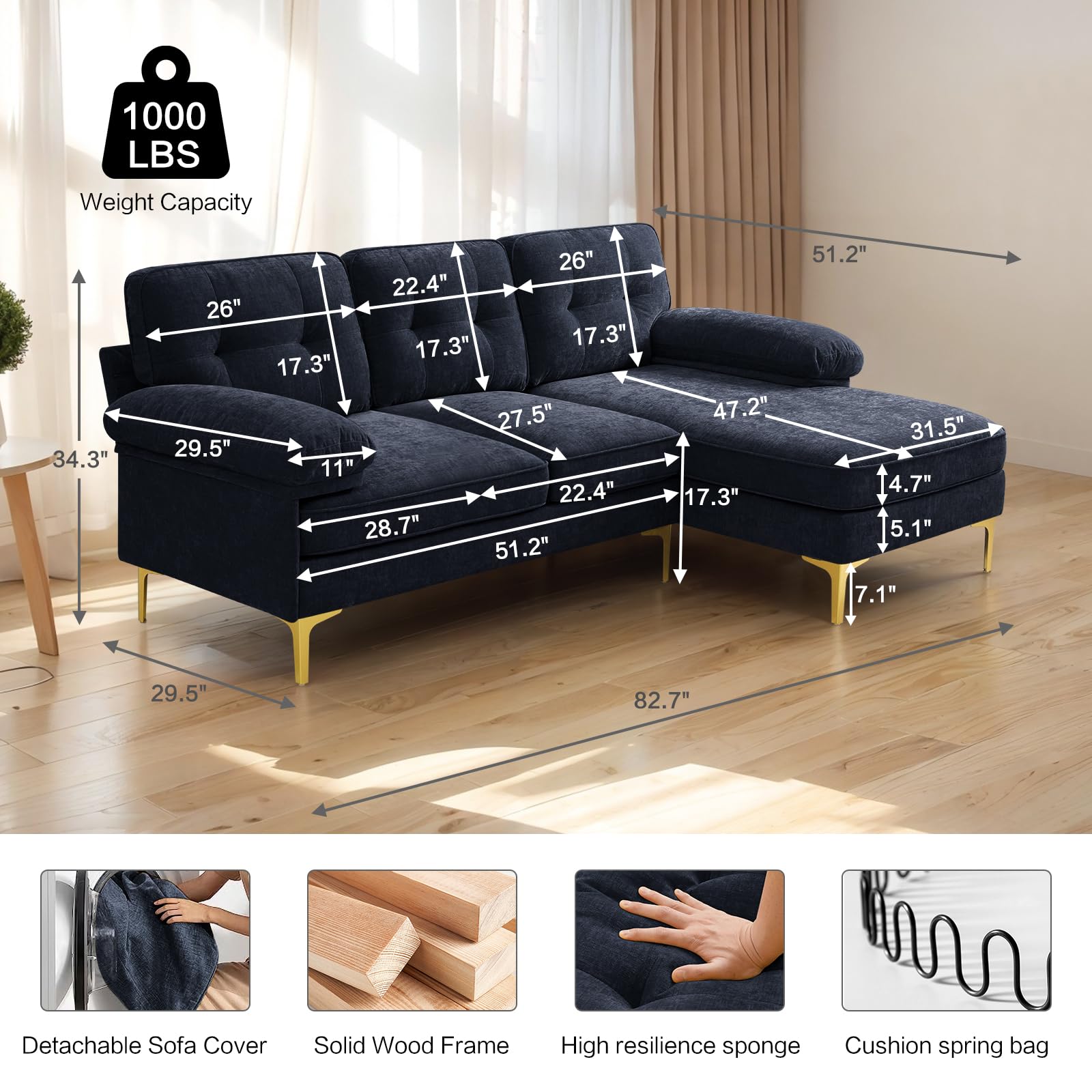 EASELAND 82" L-Shape Sofa with Reversible Chaise Lounge, Convertible Sectional Sofa Couch, Chenille Modern Sofa Couch for Living Room, Apartment and Office, Removable Cover (Dark Blue)