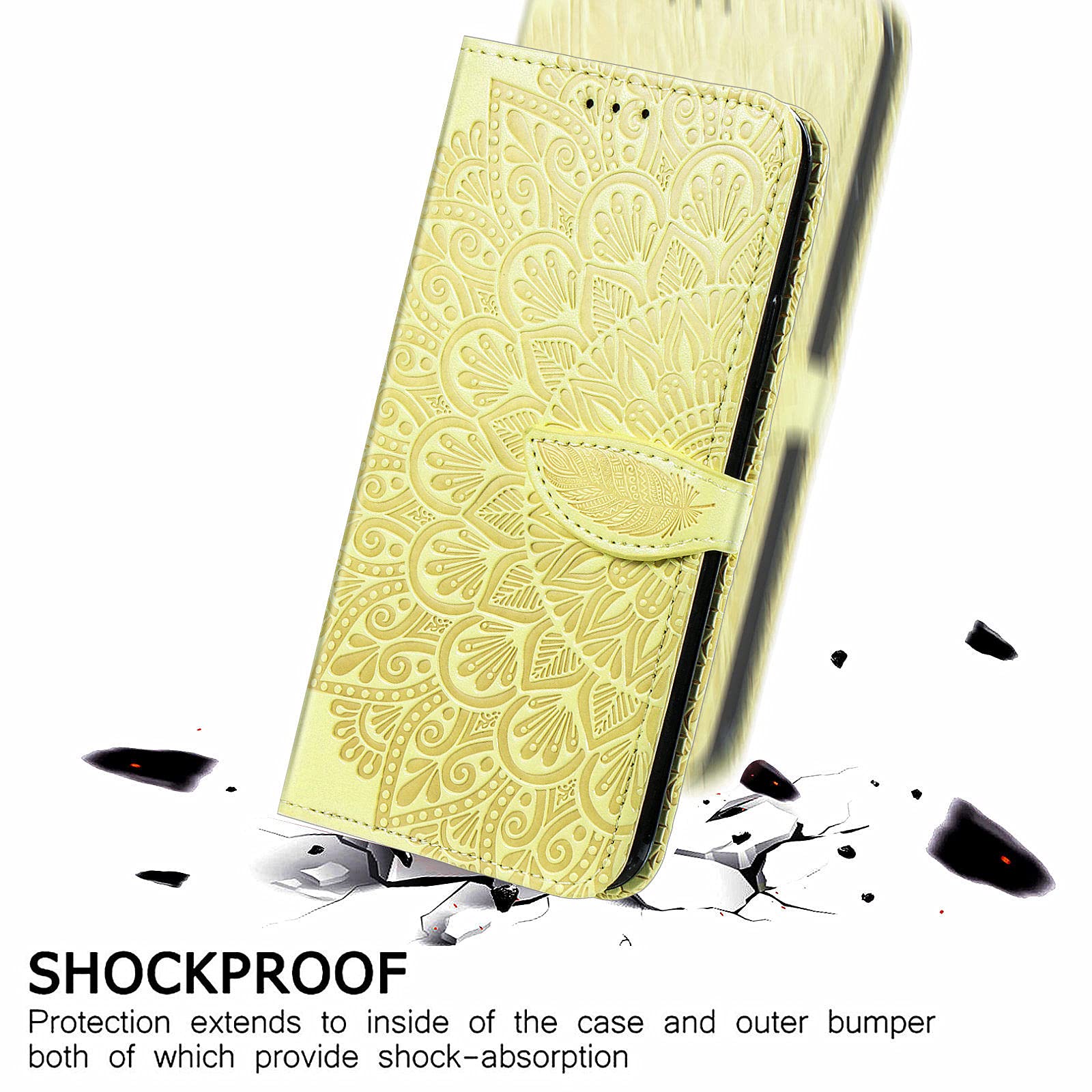 ONV Wallet Case Compatible with Samsung Galaxy S9 Plus -Solid Color Emboss Feather Flip Phone Case with Strap Card Slot Magnet Leather Shell Flip Stand Cover for Samsung Galaxy S9 Plus [MZY] -Yellow