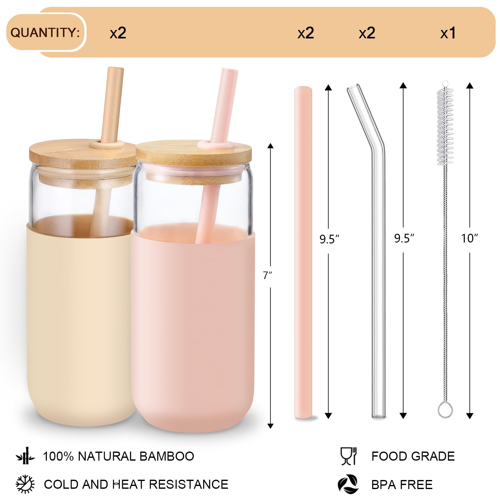 VITEVER 20 OZ Glass Cups with Bamboo Lids and Straws - Beer Can Drinking Glasses with Silicone Protective Sleeve Set, Iced Coffee Glasses, Cute Tumbler Cup for Water, Tea, Gift - Pink, Amber