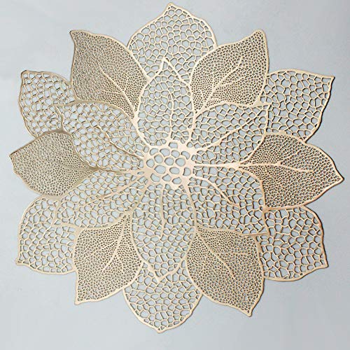 AdasBridal Gold Round Placemats for Dining Table Set of 6 Pressed Vinyl Metallic Table Mats Hollow Out Hibiscus Flower Place Mats for Dinner Table Decor Holiday Wedding Accent Centerpiece