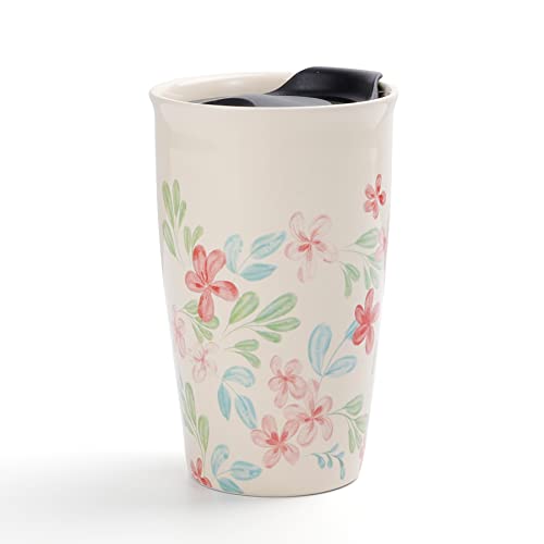 ANTIS'S HOME Ceramic Travel Mug with Lid, Flower Pattern Double Wall Coffee Mug Tumbler 10 oz, Reusable Tall Cup, Splash Resistant Lid, Dishwasher Microwaveable Safe