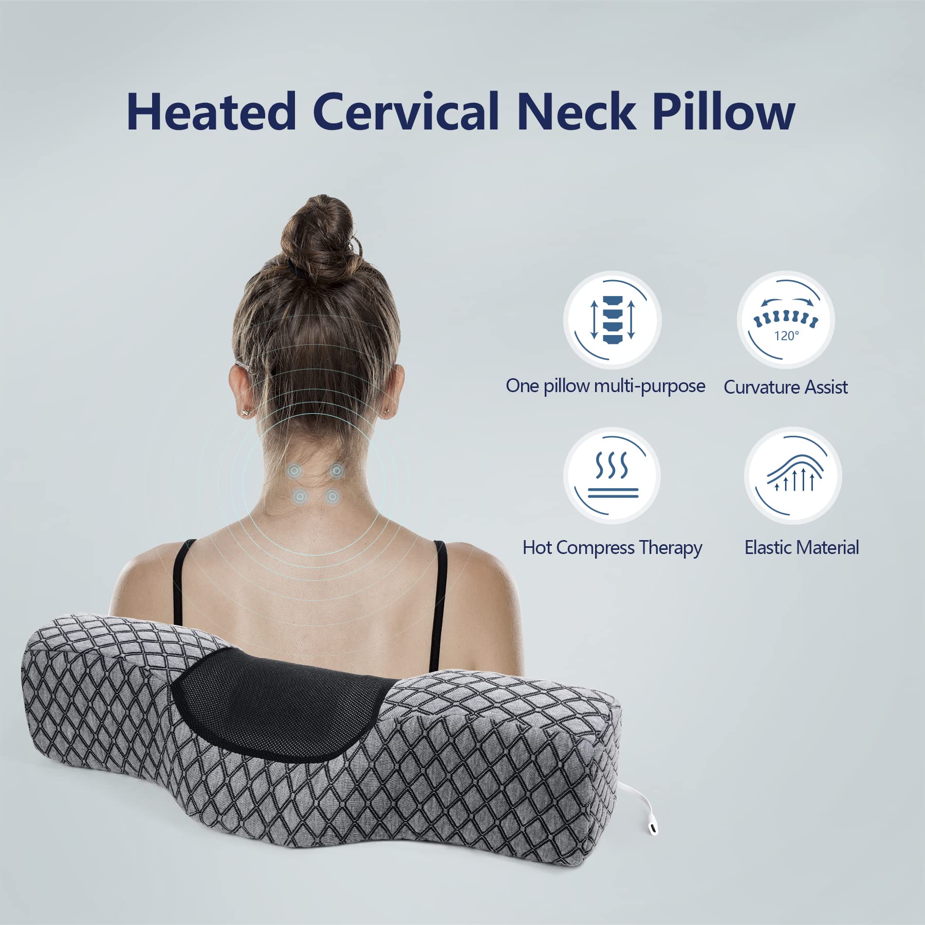 Neck Pillows for Pain Relief Sleeping, Heated Memory Foam Cervical Neck Pillow with USB Graphene Heating and Magnetic for Stiff Neck Pain Relief, Neck Support Pillow Bolster Pillow for Bed (Grey)
