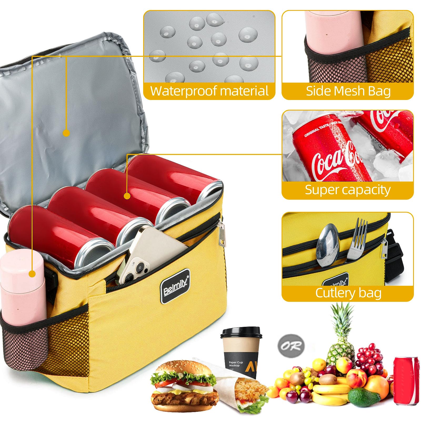 BEIMILY 2 Pack Insulated Lunch Bag Women Men,small Soft cooler Hand bags,Lunch Bag for Work,Leakproof Reusable Insulated Cooler Lunchbox with Adjustable Shoulder Strap(blackish green+yellow)