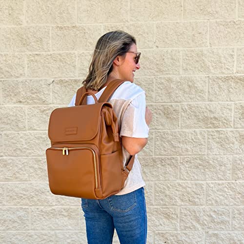 Diaper Bag Backpack for Mom Vegan Leather Diaper Bag with Changing Pad and Cosmetic Pouch, Durable Diaper Bag Backpack (Bourbon)