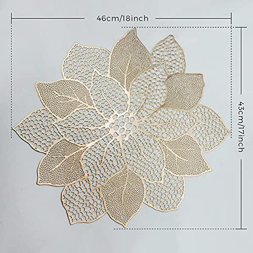 AdasBridal Gold Round Placemats for Dining Table Set of 6 Pressed Vinyl Metallic Table Mats Hollow Out Hibiscus Flower Place Mats for Dinner Table Decor Holiday Wedding Accent Centerpiece