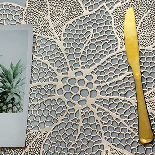 AdasBridal Gold Round Placemats for Dining Table Set of 6 Pressed Vinyl Metallic Table Mats Hollow Out Hibiscus Flower Place Mats for Dinner Table Decor Holiday Wedding Accent Centerpiece