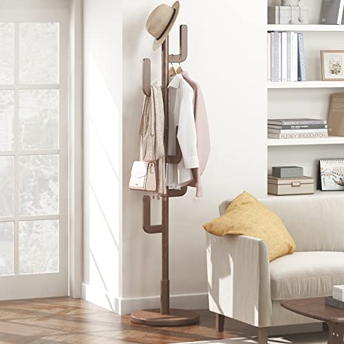 KASLANDI Coat Rack,Unique Design Cactus Coat Rack Freestanding,FAS Grade Rubber Wood,Adjustable Height Wooden Coat Rack Stand with 6 Hooks, Coat Tree Easy to Assemble (Walnut)