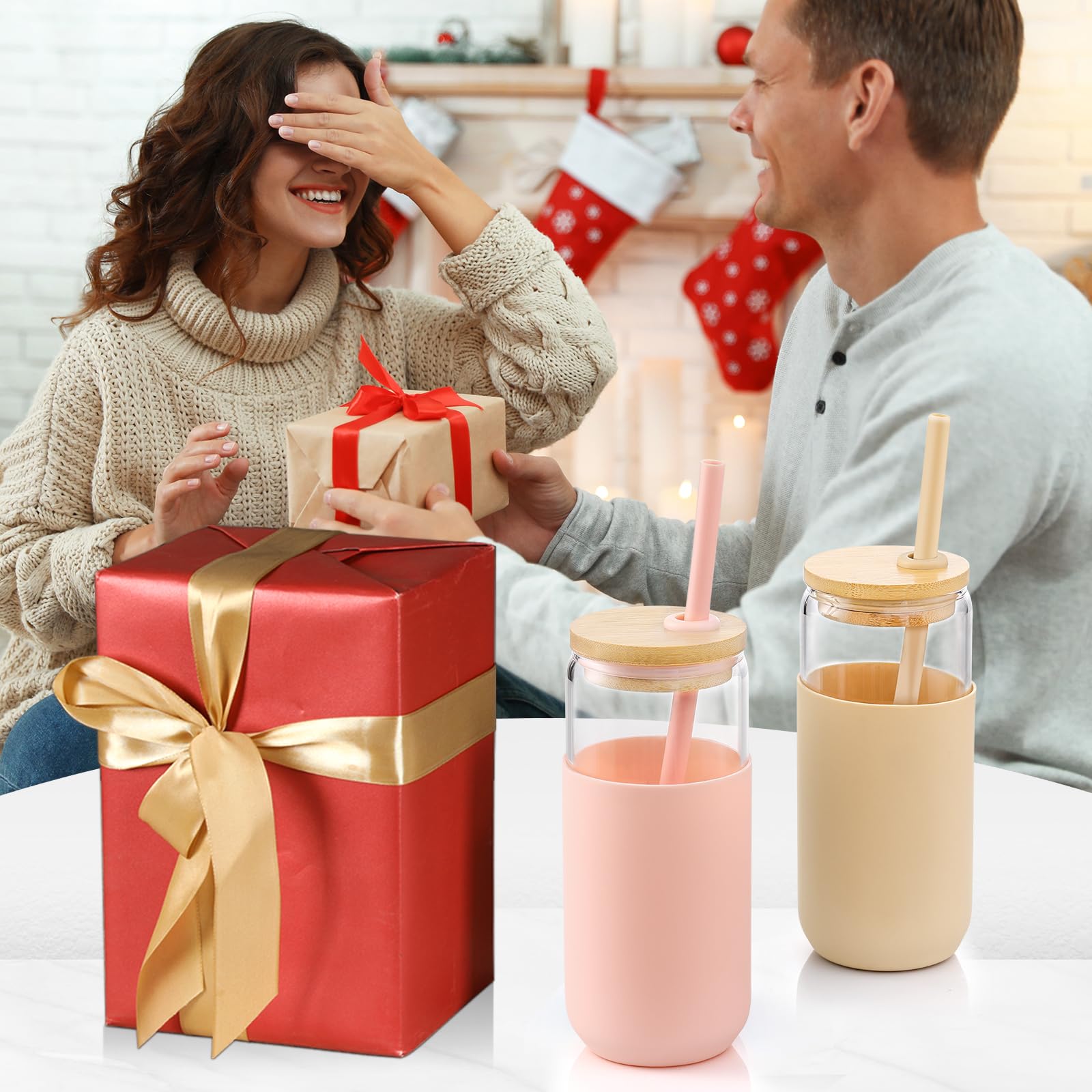 VITEVER 20 OZ Glass Cups with Bamboo Lids and Straws - Beer Can Drinking Glasses with Silicone Protective Sleeve Set, Iced Coffee Glasses, Cute Tumbler Cup for Water, Tea, Gift - Pink, Amber