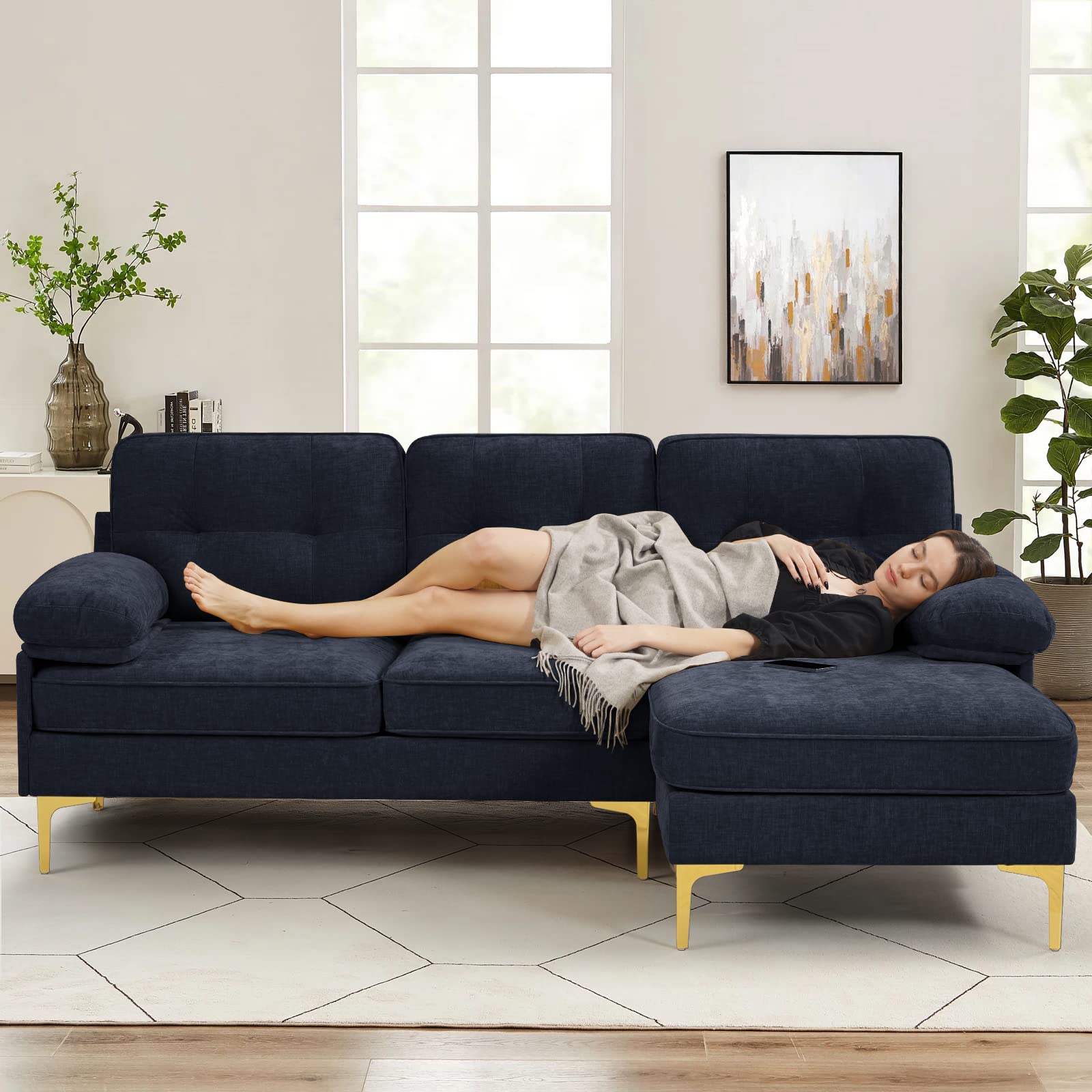 EASELAND 82" L-Shape Sofa with Reversible Chaise Lounge, Convertible Sectional Sofa Couch, Chenille Modern Sofa Couch for Living Room, Apartment and Office, Removable Cover (Dark Blue)