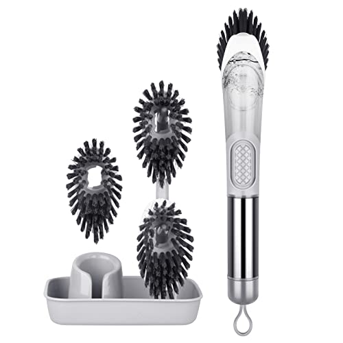 Soap Dispensing Dish Brush Set - FORSPEEDER Kitchen Brush with Stand 3 Brush Replacement Heads Stainless Steel Handle, Dish Wand Scrub Brush for Dishes Sink Pot Pan Cleaning