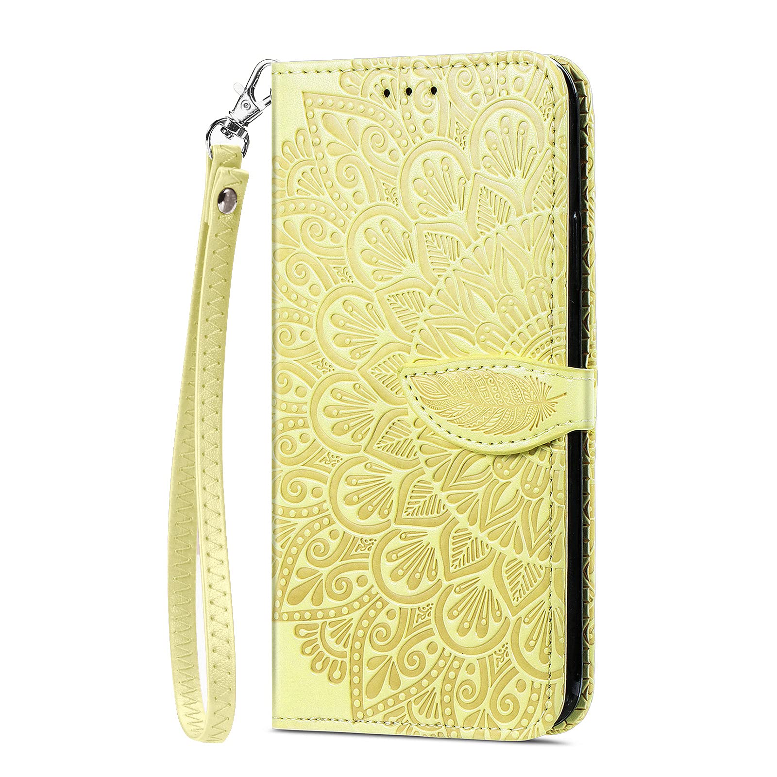 ONV Wallet Case Compatible with Samsung Galaxy S9 Plus -Solid Color Emboss Feather Flip Phone Case with Strap Card Slot Magnet Leather Shell Flip Stand Cover for Samsung Galaxy S9 Plus [MZY] -Yellow