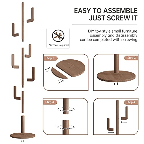KASLANDI Coat Rack,Unique Design Cactus Coat Rack Freestanding,FAS Grade Rubber Wood,Adjustable Height Wooden Coat Rack Stand with 6 Hooks, Coat Tree Easy to Assemble (Walnut)