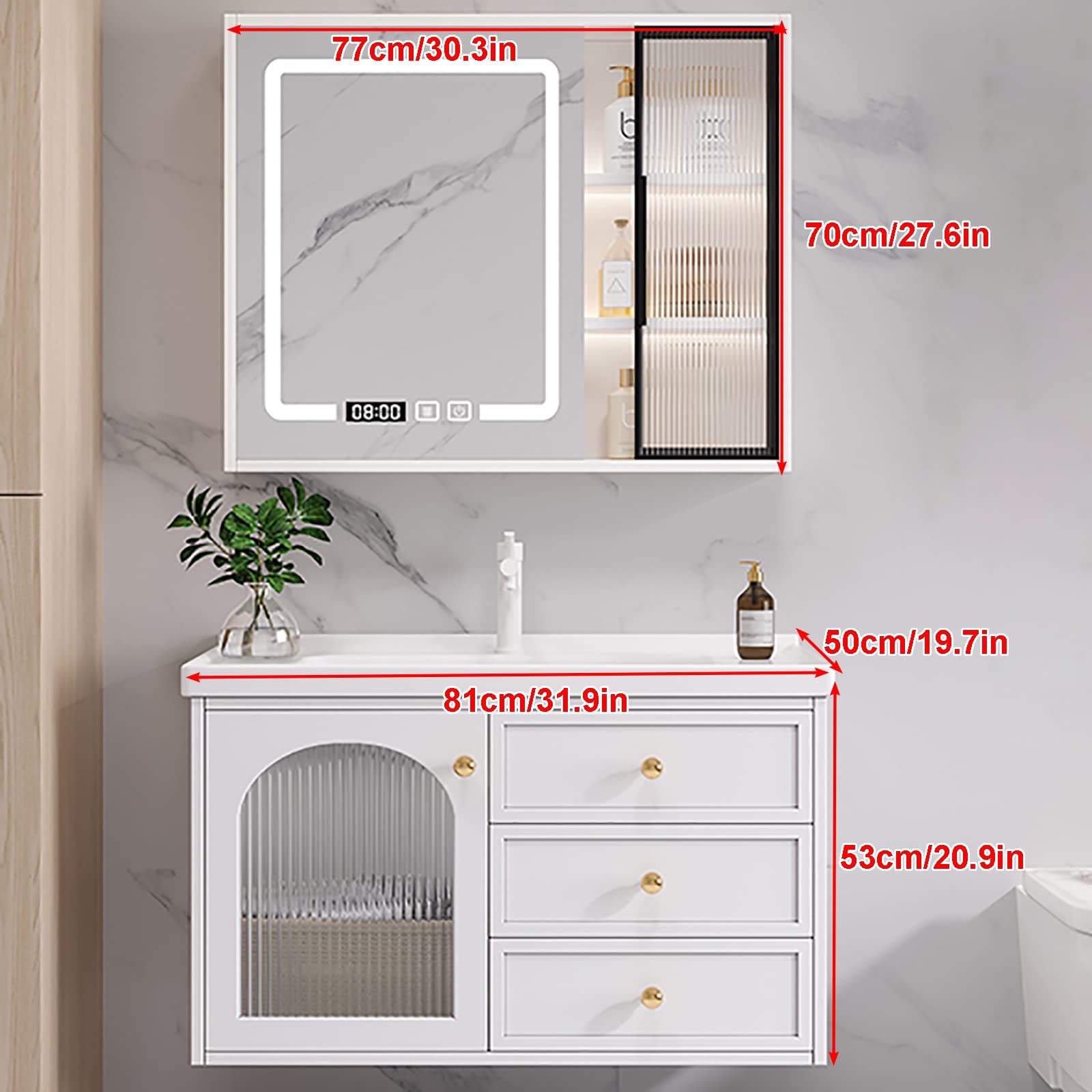 Wall Mounted Bathroom Vanity with Sink Combo,Bathroom Vanity Set with Basin & Storage Cabinet ,Bath Cabinet with Ceramic Sink Including Pull-out Faucet, Mirror Cabinet ( Size : 81x50x53cm/31.9x19.7x20