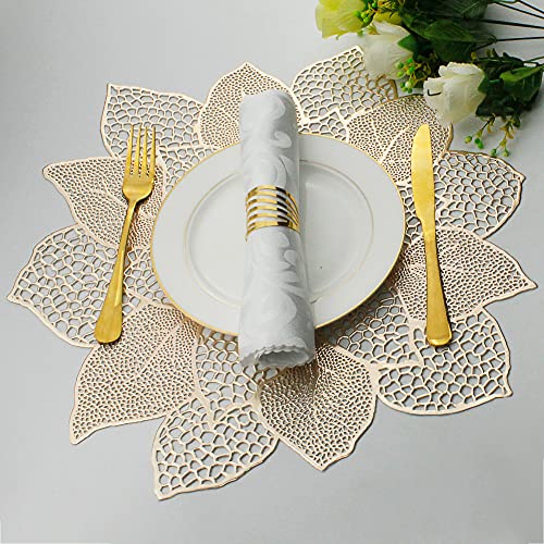 AdasBridal Gold Round Placemats for Dining Table Set of 6 Pressed Vinyl Metallic Table Mats Hollow Out Hibiscus Flower Place Mats for Dinner Table Decor Holiday Wedding Accent Centerpiece