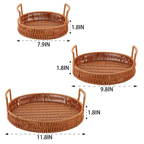 Cedilis 3 Pack Woven Serving Tray with Handles, Round Bread Serving Basket, Poly-Wicker Basket Tray, Decorative ImitationĀ Rattan Fruit Tray for Serving Bread, Vegetable, Snack, 12Inch, 10Inch, 8Inch