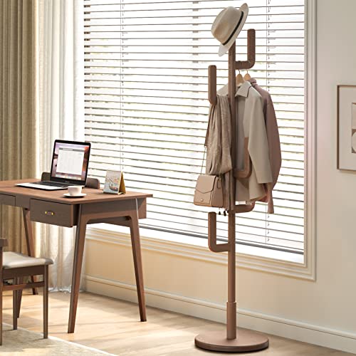 KASLANDI Coat Rack,Unique Design Cactus Coat Rack Freestanding,FAS Grade Rubber Wood,Adjustable Height Wooden Coat Rack Stand with 6 Hooks, Coat Tree Easy to Assemble (Walnut)