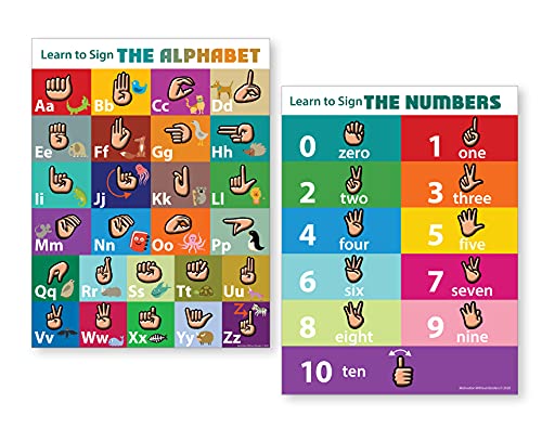 MWB ASL Learn to Sign Posters for Kids - Hand Sign Language Flash Card Posters with Colors, Feelings, Animals, Shapes | ASL Educational Posters for Classrooms and Home | 18" x 13" Laminated (Pack of 2)