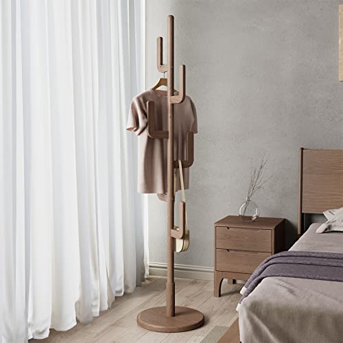 KASLANDI Coat Rack,Unique Design Cactus Coat Rack Freestanding,FAS Grade Rubber Wood,Adjustable Height Wooden Coat Rack Stand with 6 Hooks, Coat Tree Easy to Assemble (Walnut)