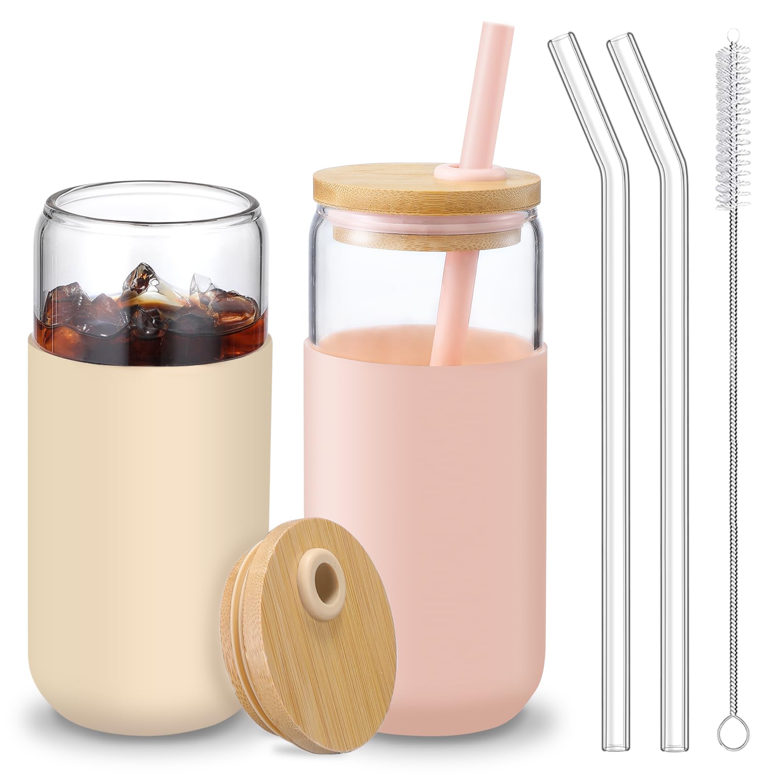VITEVER 20 OZ Glass Cups with Bamboo Lids and Straws - Beer Can Drinking Glasses with Silicone Protective Sleeve Set, Iced Coffee Glasses, Cute Tumbler Cup for Water, Tea, Gift - Pink, Amber