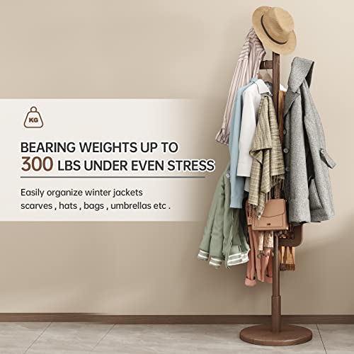 KASLANDI Coat Rack,Unique Design Cactus Coat Rack Freestanding,FAS Grade Rubber Wood,Adjustable Height Wooden Coat Rack Stand with 6 Hooks, Coat Tree Easy to Assemble (Walnut)