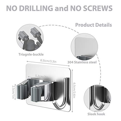Mop Broom Holder No Drill SUS304 Stainless Steel, HOMEASY Mop Broom Organizer Wall Mounted Heavy Duty with Hooks Hanger, Storage Rack Self Adhesive 4Pcs for Bathroom, Kitchen, Office, Silver