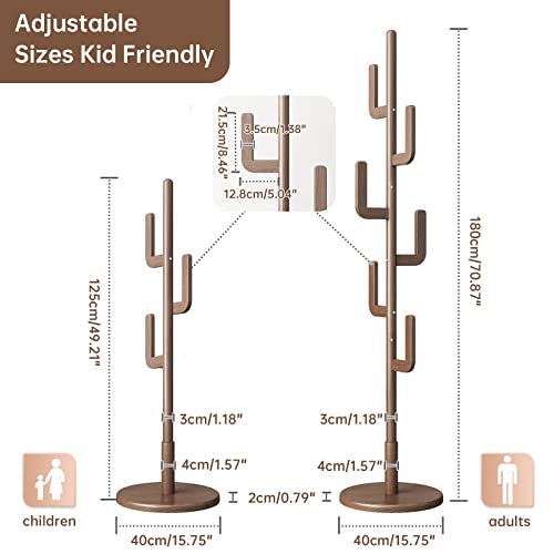 KASLANDI Coat Rack,Unique Design Cactus Coat Rack Freestanding,FAS Grade Rubber Wood,Adjustable Height Wooden Coat Rack Stand with 6 Hooks, Coat Tree Easy to Assemble (Walnut)