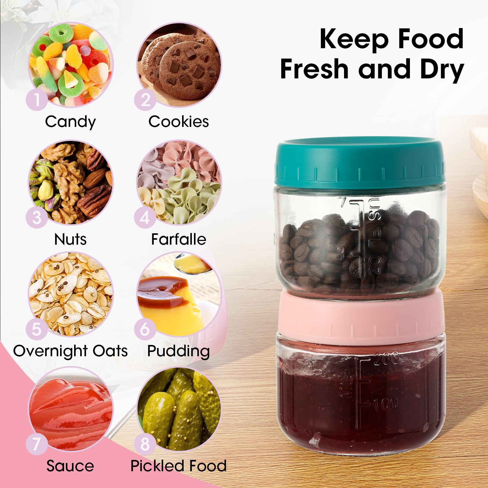 KITCHOP 4 Pack Overnight Oats Containers with Lids, Glass Jars with Lids, Mason Jars with Airtight Lids, Glass Storage Containers for Leftover, Breakfast and Lunch(9.1 oz)