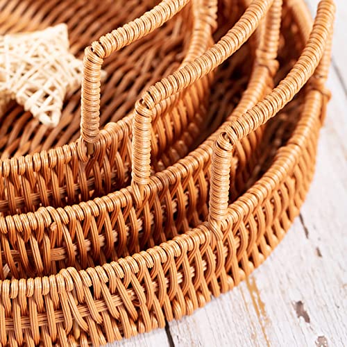 Cedilis 3 Pack Woven Serving Tray with Handles, Round Bread Serving Basket, Poly-Wicker Basket Tray, Decorative ImitationĀ Rattan Fruit Tray for Serving Bread, Vegetable, Snack, 12Inch, 10Inch, 8Inch