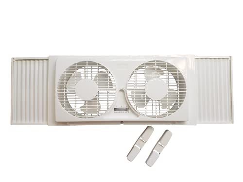JOEY'Z 9-inch Twin Window Fan with Manual Reversible Airflow Control, Auto-Locking Expanders, and 2-Speed Fan Switch (Min. 22.4" Max. 34.3") Expanders and Leg Stands Included