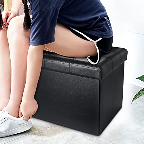 Bsketa Storage Ottoman, Folding Foot Stool with Thicker Foam Padded Seat Small Leather Storage Ottoman Bench Foot Rest for Living Room Foldable Coffee Table 17x13x13in