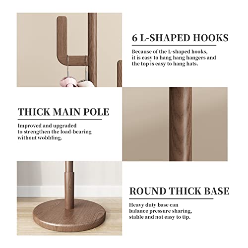 KASLANDI Coat Rack,Unique Design Cactus Coat Rack Freestanding,FAS Grade Rubber Wood,Adjustable Height Wooden Coat Rack Stand with 6 Hooks, Coat Tree Easy to Assemble (Walnut)