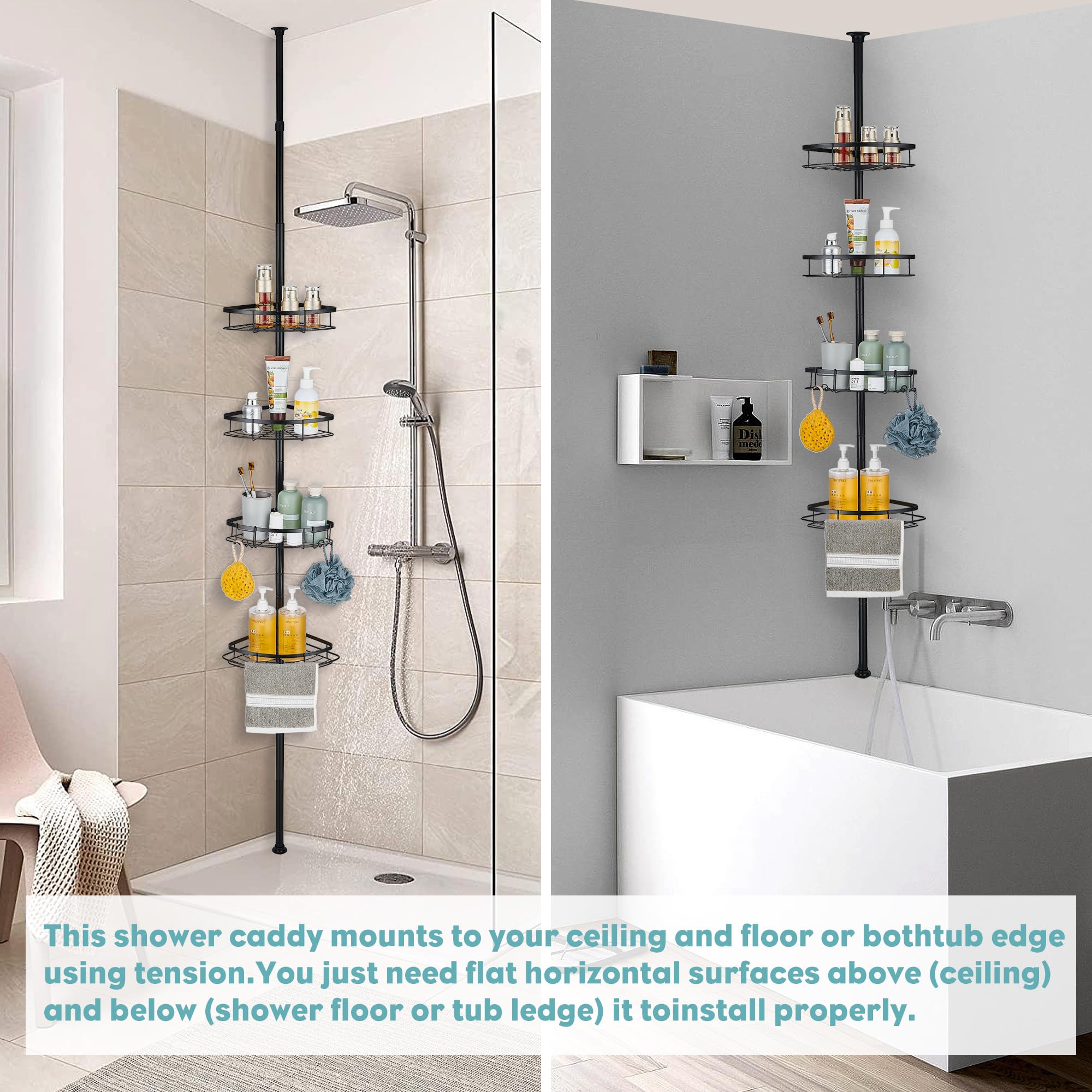 WPT Black Shower Caddy Corner Organizer for Bathroom, Stainless Steel Tension Pole Corner Shelf Shower Caddy Stand for Bathtub Shampoo Storage, 4 Tier Adjustable Shelves, 28.7 to 104.7 Inches