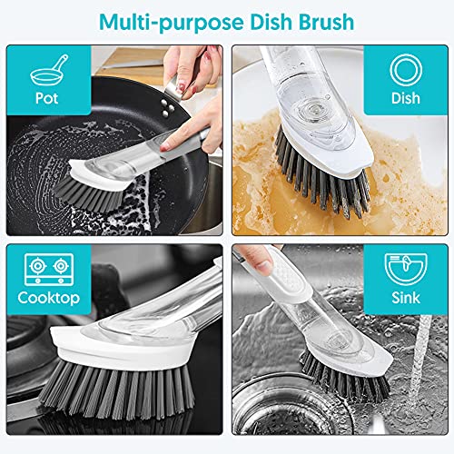 Soap Dispensing Dish Brush Set - FORSPEEDER Kitchen Brush with Stand 3 Brush Replacement Heads Stainless Steel Handle, Dish Wand Scrub Brush for Dishes Sink Pot Pan Cleaning
