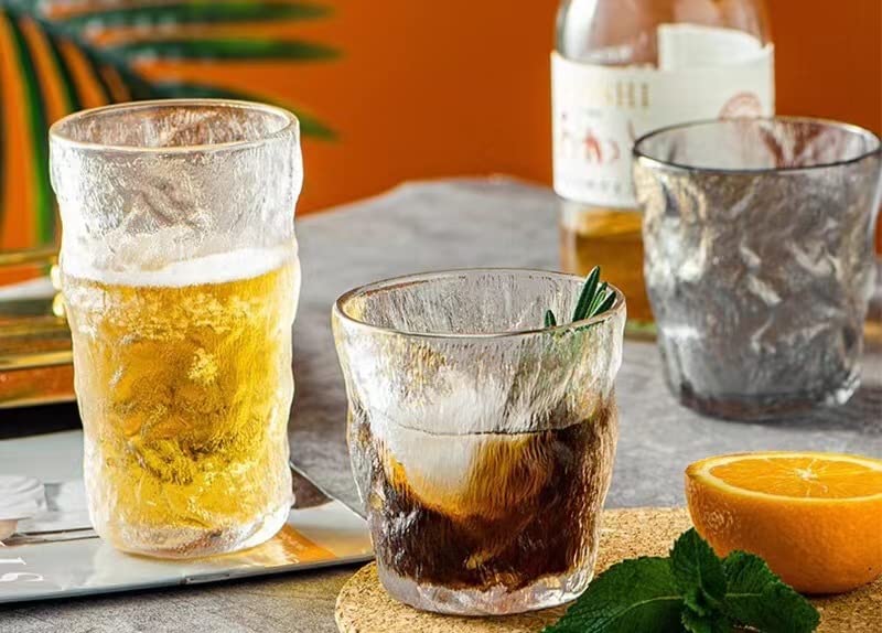 Drop-proof glacier pattern embossed glass frosted rock cups minimalist wind high value cold drinks juice beer glasses transparent crystal cups suitable for home office restaurant picnic (5.4in*3in)