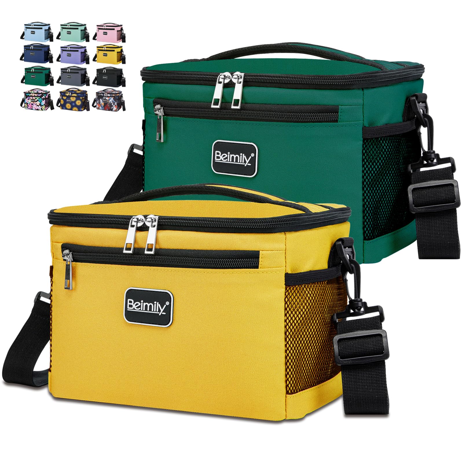 BEIMILY 2 Pack Insulated Lunch Bag Women Men,small Soft cooler Hand bags,Lunch Bag for Work,Leakproof Reusable Insulated Cooler Lunchbox with Adjustable Shoulder Strap(blackish green+yellow)