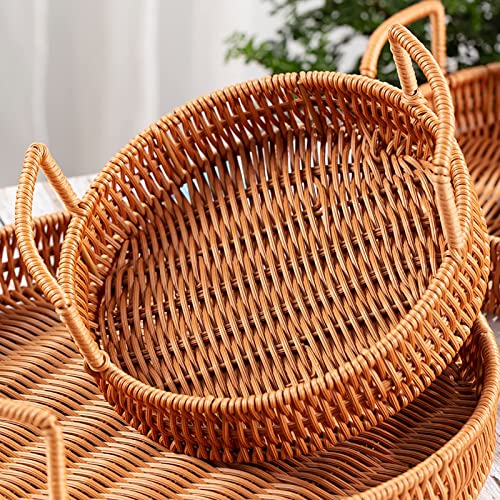 Cedilis 3 Pack Woven Serving Tray with Handles, Round Bread Serving Basket, Poly-Wicker Basket Tray, Decorative ImitationĀ Rattan Fruit Tray for Serving Bread, Vegetable, Snack, 12Inch, 10Inch, 8Inch