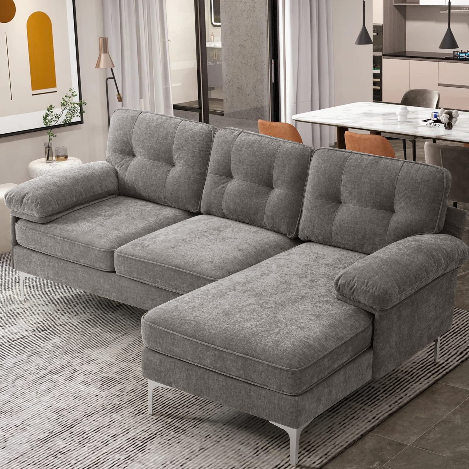 EASELAND Reversible Sectional Sofa Couch for Living Room, Convertible L-Shape Sofa, Chenille 3-Seater Modern Sofa with Reversible Chaise Lounge, Removable Cover for Apartment and Office