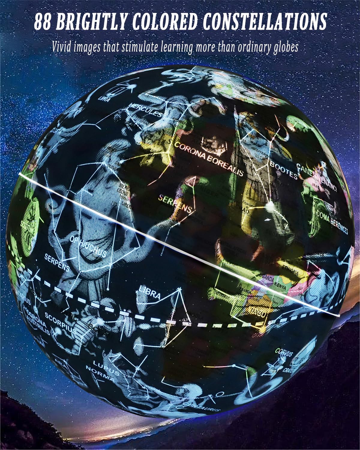 Illuminated World Globe, DIY Self-Assembly Stem Globe for Kids Learning 8 Inch Metal Bracket Constellation Earth globe for children 360° Rotating Educational World Globes for Kids