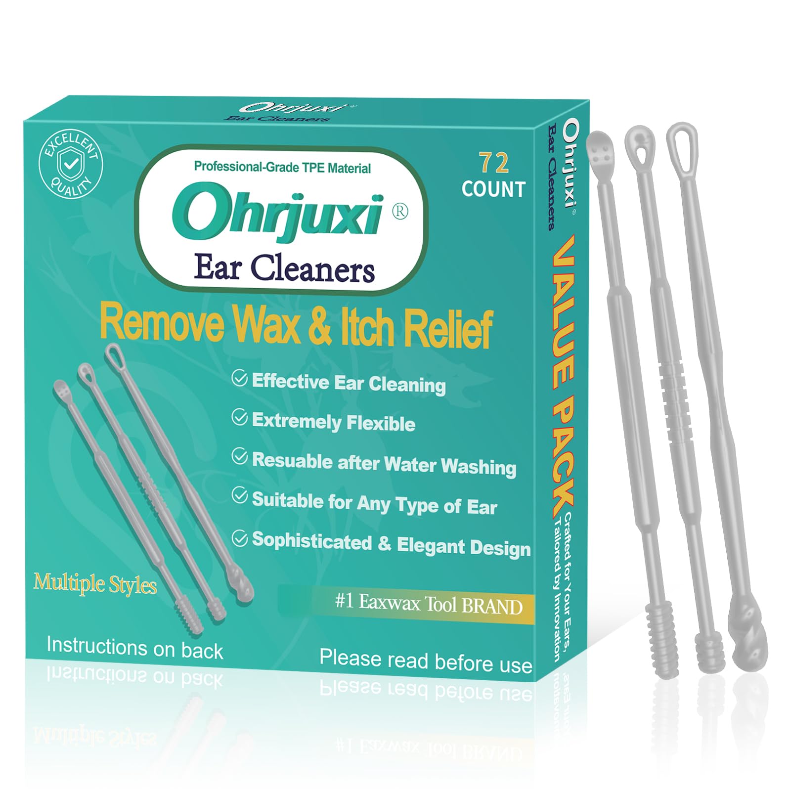 Ohrjuxi® Ear Cleaners - 72 PCS Reusable Ear Wax Removal Tools, Professional-Grade TPE, Effective & Gentle Earwax Removal Cleaning Kit, Clogged & Itch Ear Relief - Suitable for Kids, Adults, Seniors