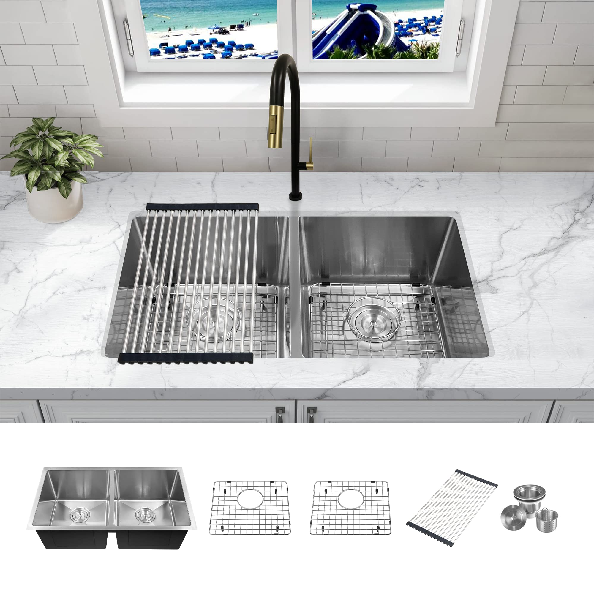 KABCO 18 Gauge 31 Inch Double Bowl Undermount Stainless Steel Kitchen Sink with 4 Pieces Sink Accessories, Rust Resistant Sound and Heatproof Laser Cut Tight Radius Sink for Indoor or Outdoor Kitchens
