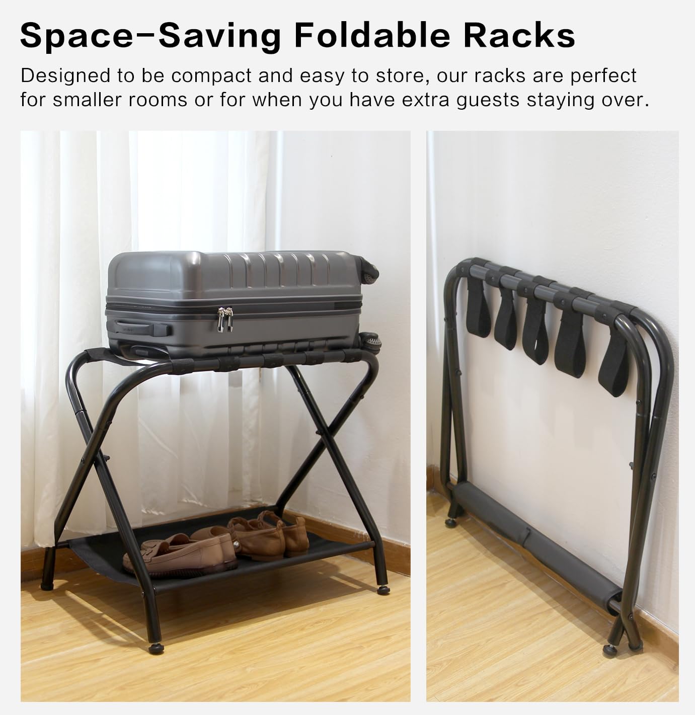 Yuihochic Luggage Rack, Pack of 2, Suitcase Stand with Fabric Storage Shelf, for Guest Room,Bedroom,Hotel, Foldable Painted Steel Frame (Black+Package Quantity 2)