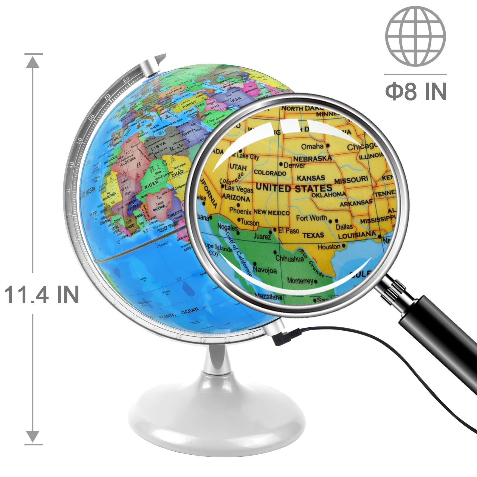 Illuminated World Globe, DIY Self-Assembly Stem Globe for Kids Learning 8 Inch Metal Bracket Constellation Earth globe for children 360° Rotating Educational World Globes for Kids