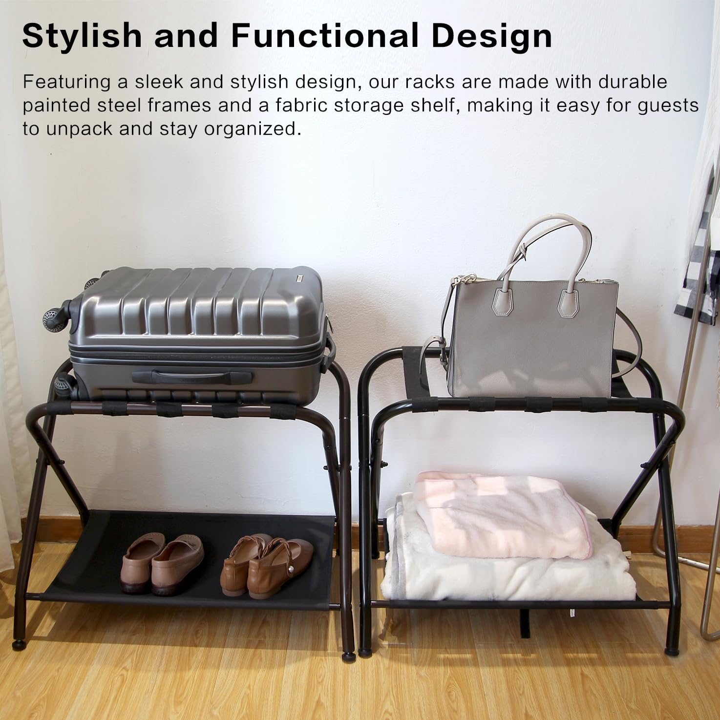 Yuihochic Luggage Rack, Pack of 2, Suitcase Stand with Fabric Storage Shelf, for Guest Room,Bedroom,Hotel, Foldable Painted Steel Frame (Black+Package Quantity 2)