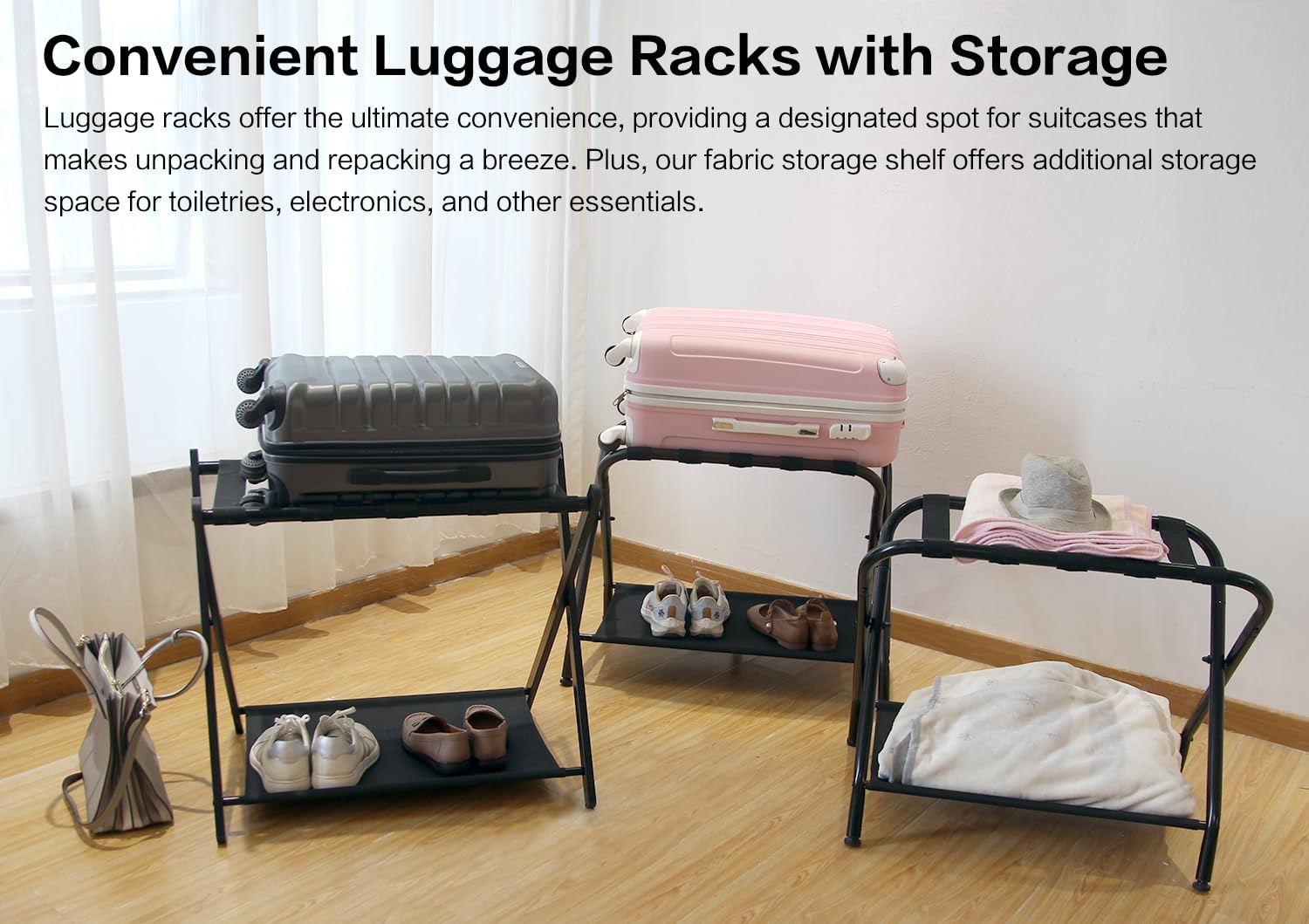 Yuihochic Luggage Rack, Pack of 2, Suitcase Stand with Fabric Storage Shelf, for Guest Room,Bedroom,Hotel, Foldable Painted Steel Frame (Black+Package Quantity 2)