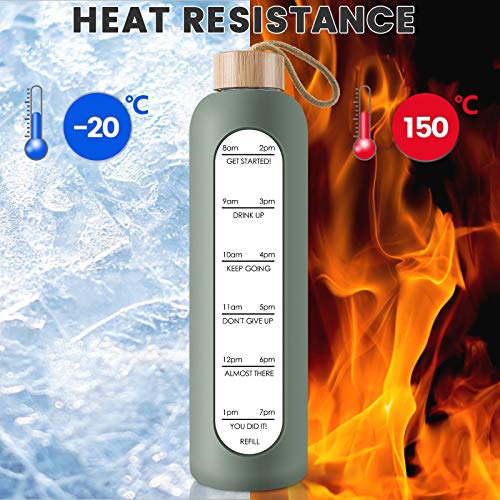 PROBTTL 32 Oz Borosilicate Glass Water Bottle with Time Marker Reminder Quotes, Leak Proof Reusable BPA Free Motivational Water Bottles with Silicone Sleeve and Bamboo Lid