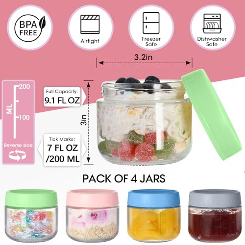 KITCHOP 4 Pack Overnight Oats Containers with Lids, Glass Jars with Lids, Mason Jars with Airtight Lids, Glass Storage Containers for Leftover, Breakfast and Lunch(9.1 oz)