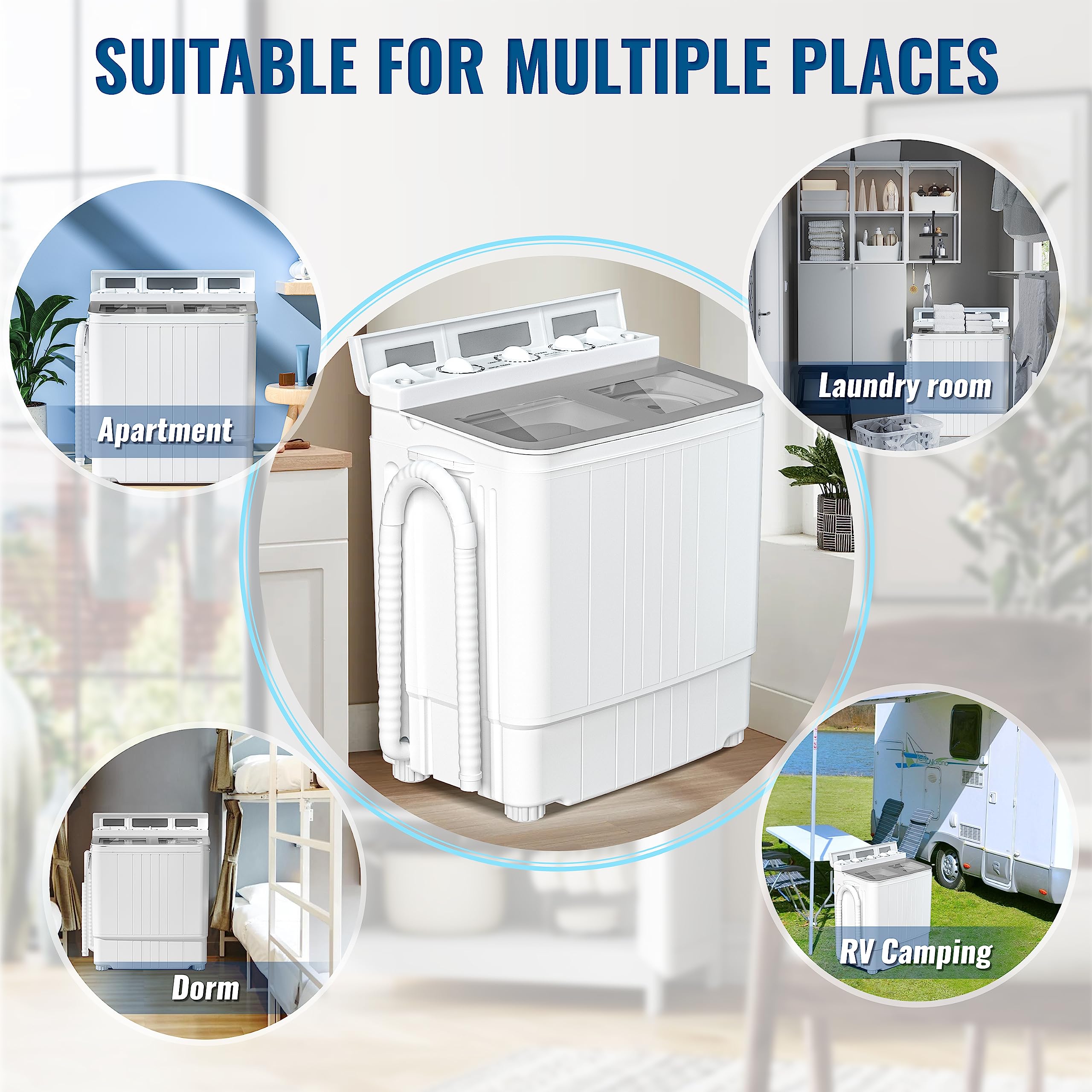 Superday Portable Mini Twin Tub Washing Machine Compact Washer and Spin Dryer w/Wash and Spin Cycle 17.6lbs Capacity For Camping, Apartments, Dorms, College Rooms, RV’S, Delicates, Grey