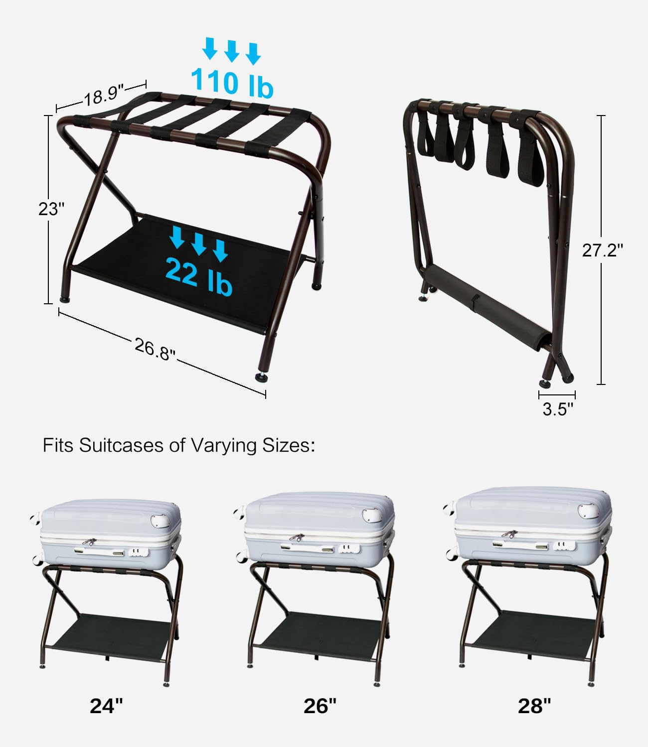 Yuihochic Luggage Rack, Pack of 2, Suitcase Stand with Fabric Storage Shelf, for Guest Room,Bedroom,Hotel, Foldable Painted Steel Frame (Black+Package Quantity 2)