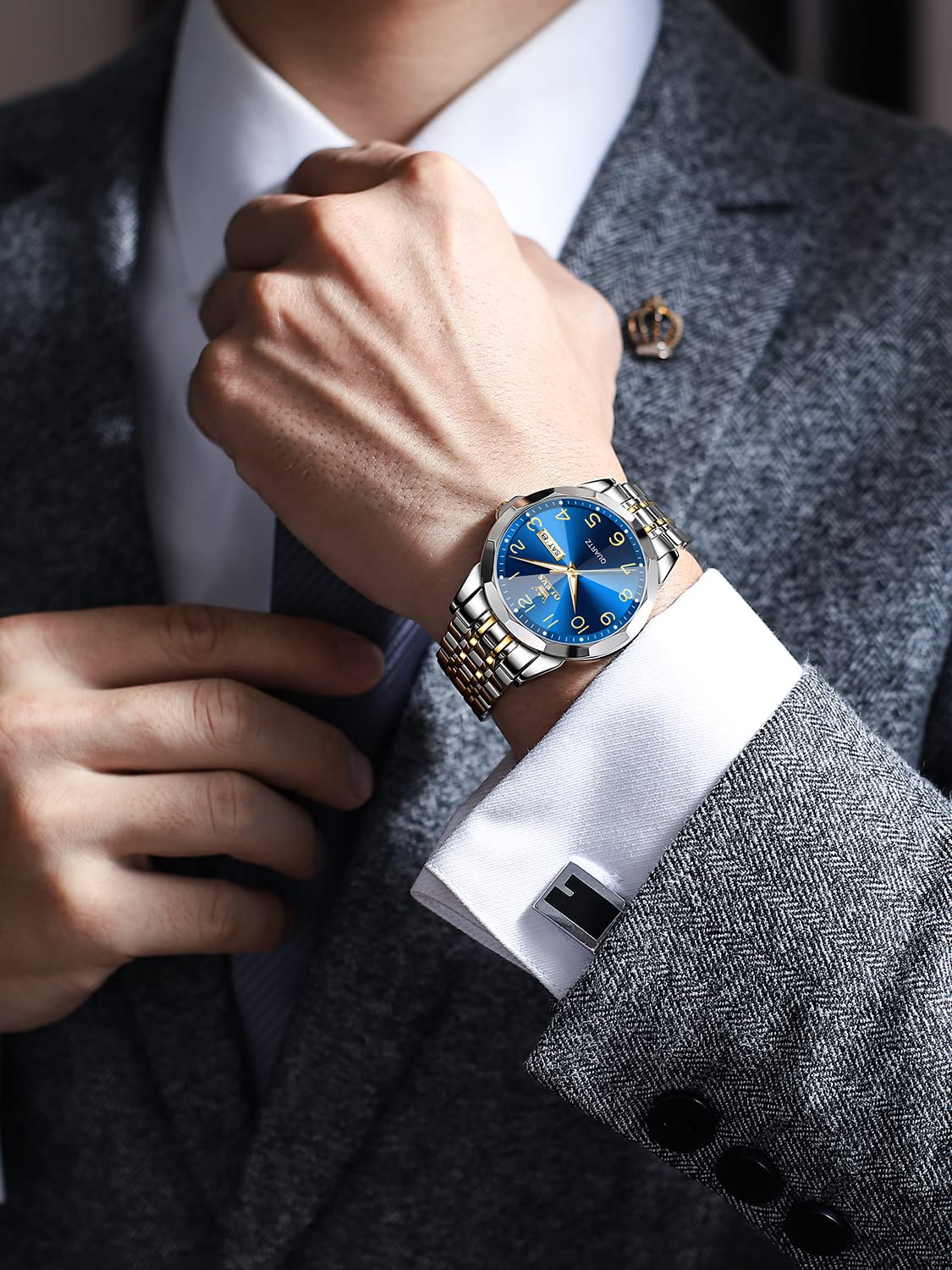 OLEVS Blue Watch for Men Luxury Dress Analog Quartz Silver Stainless Steel Waterproof Luminous Date Diamond Business Two Tone Casual Wrist Watch